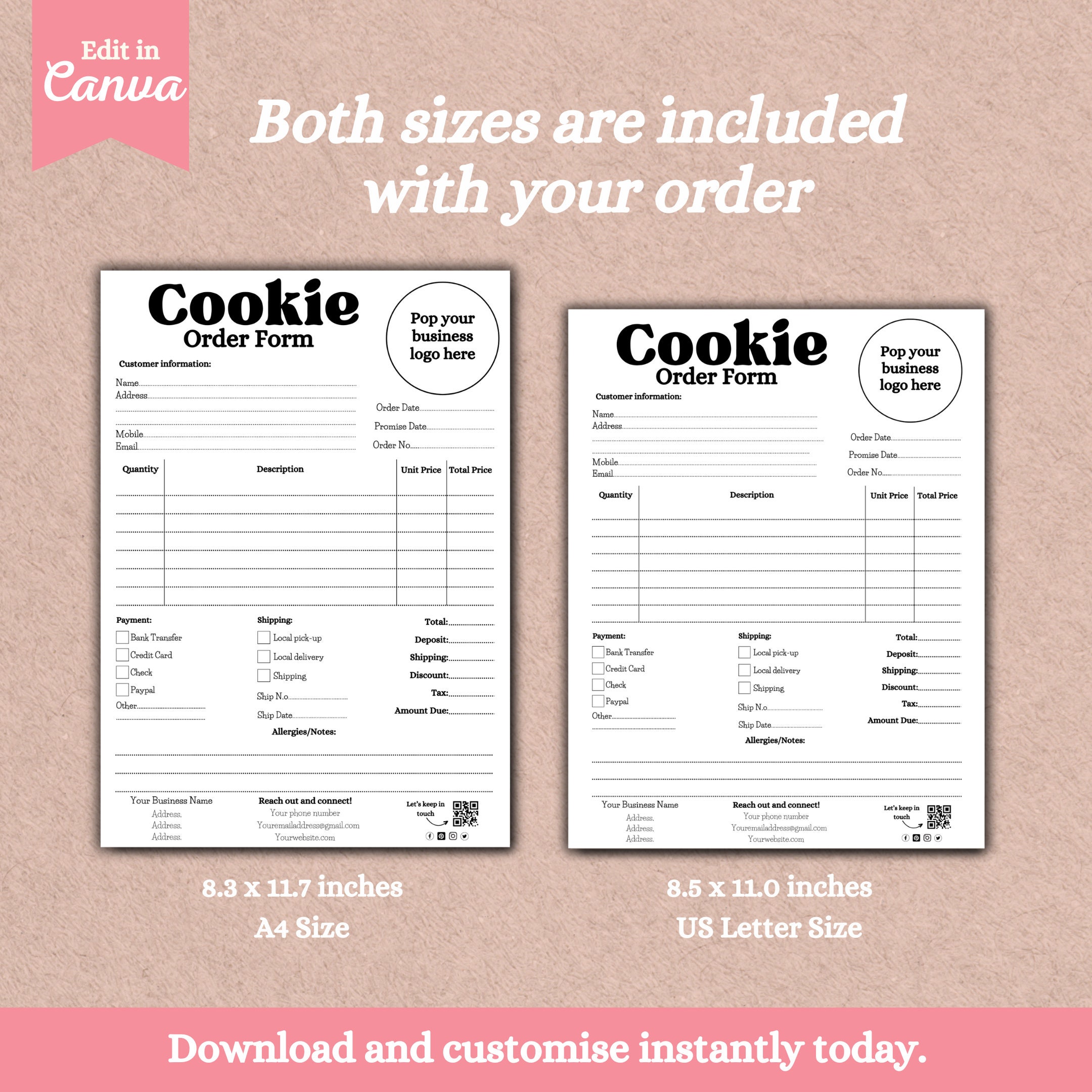 Cookie Order Form, Bakery Order Form Printable, Cake Order Form, Small ...