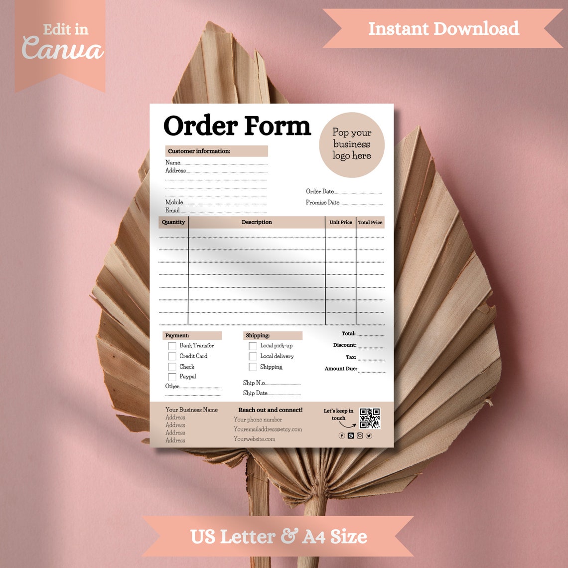 Custom Order Form Template, Printable Receipt Template, Order Form ...