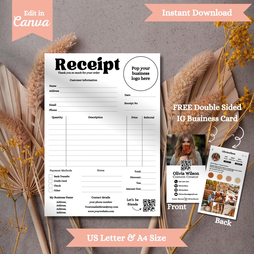 Editable Receipt Template, Printable Receipt Template, Order Form ...