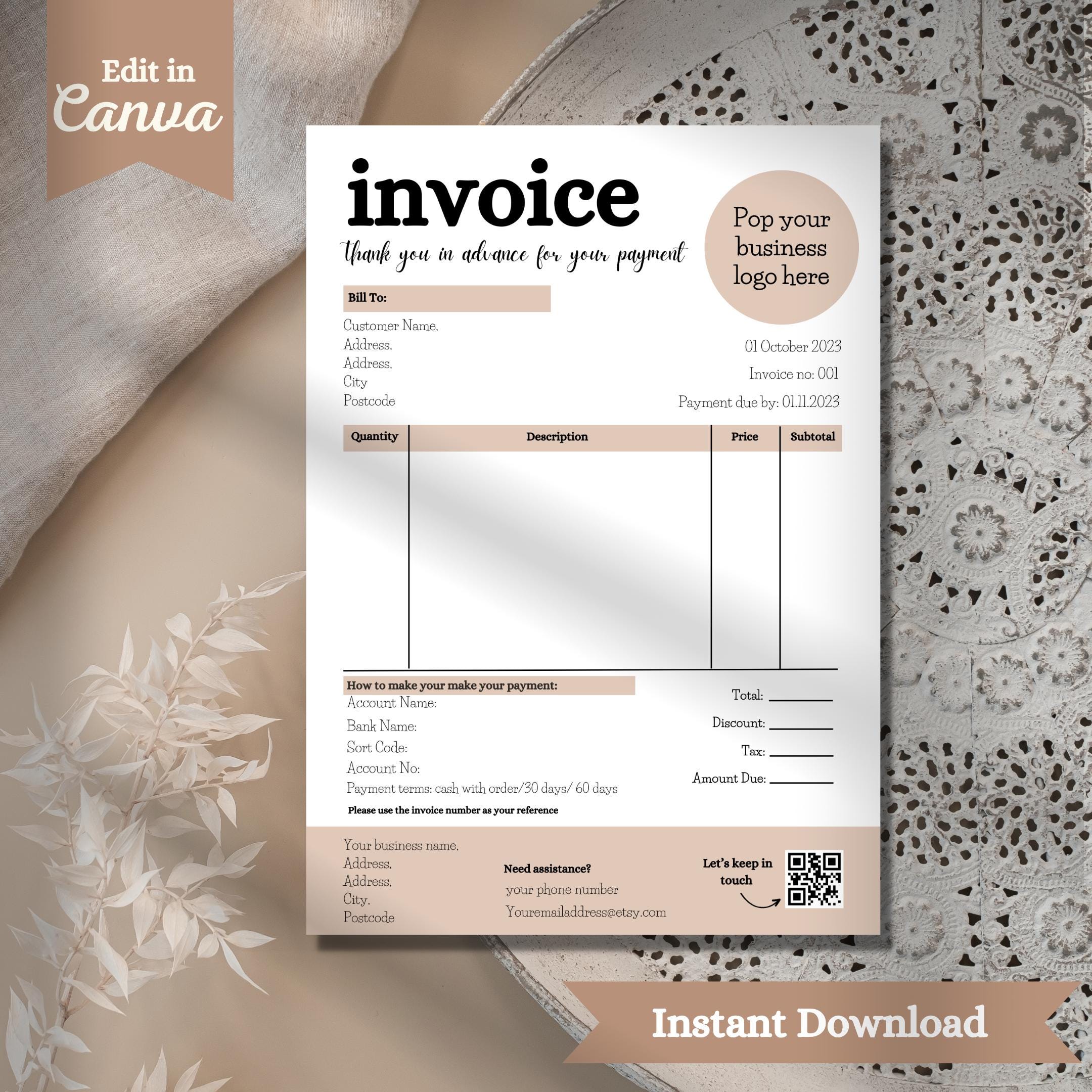 Simple Invoice Template Editable, Etsy Shop Invoice, Small Business ...