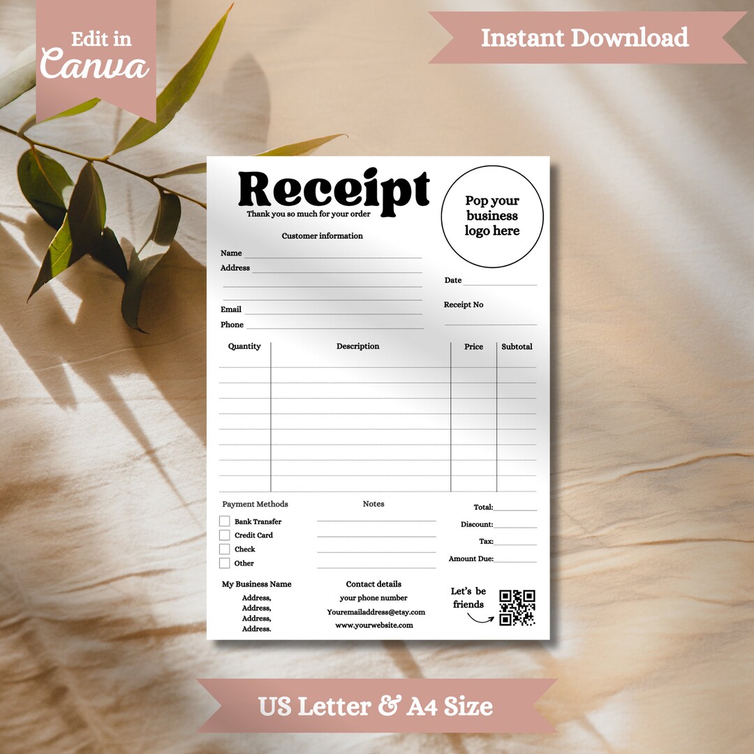 Printable Receipt Template, Editable Receipt Template, Order Form ...