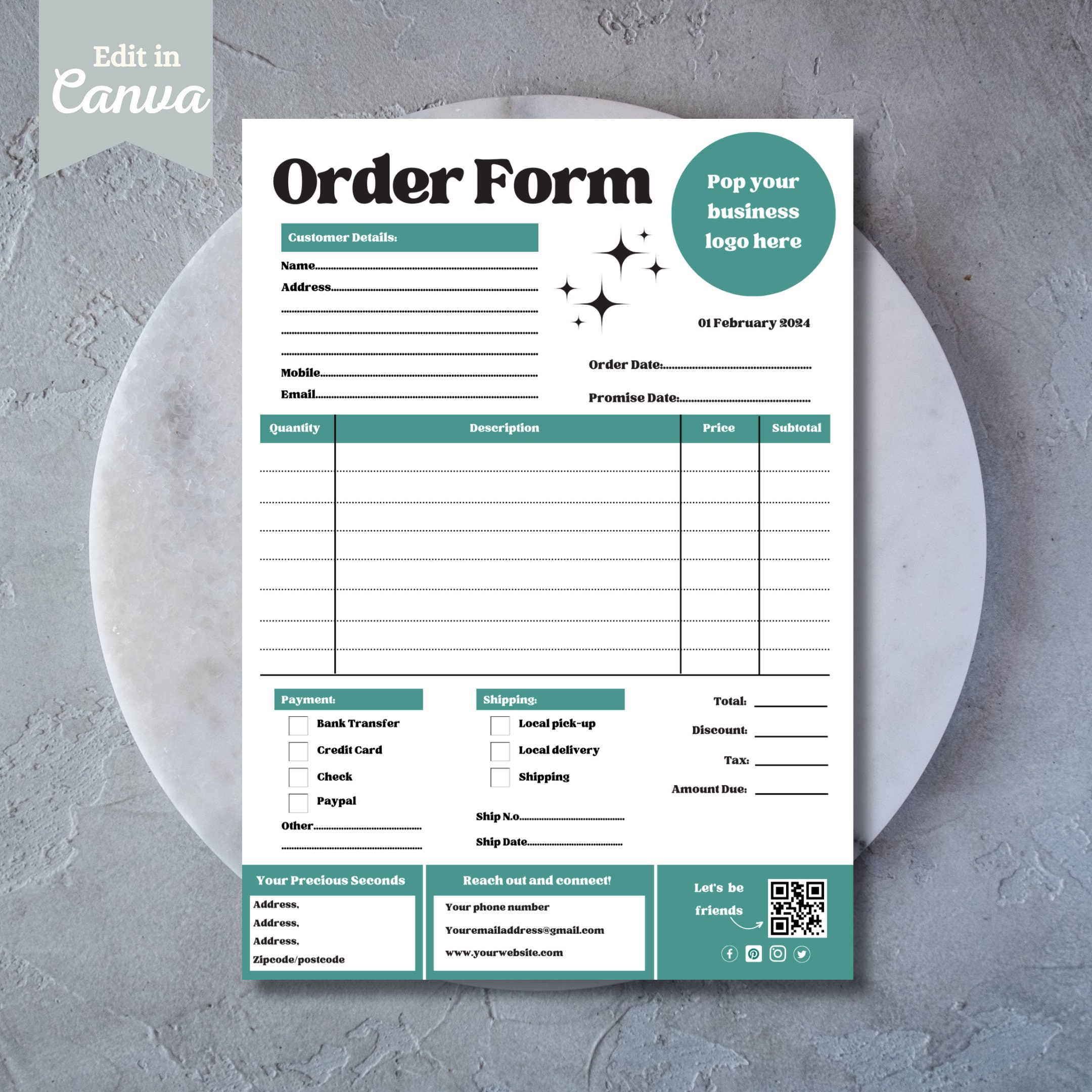 Order Form Template Editable, Purchase Order Form Template, Custom ...