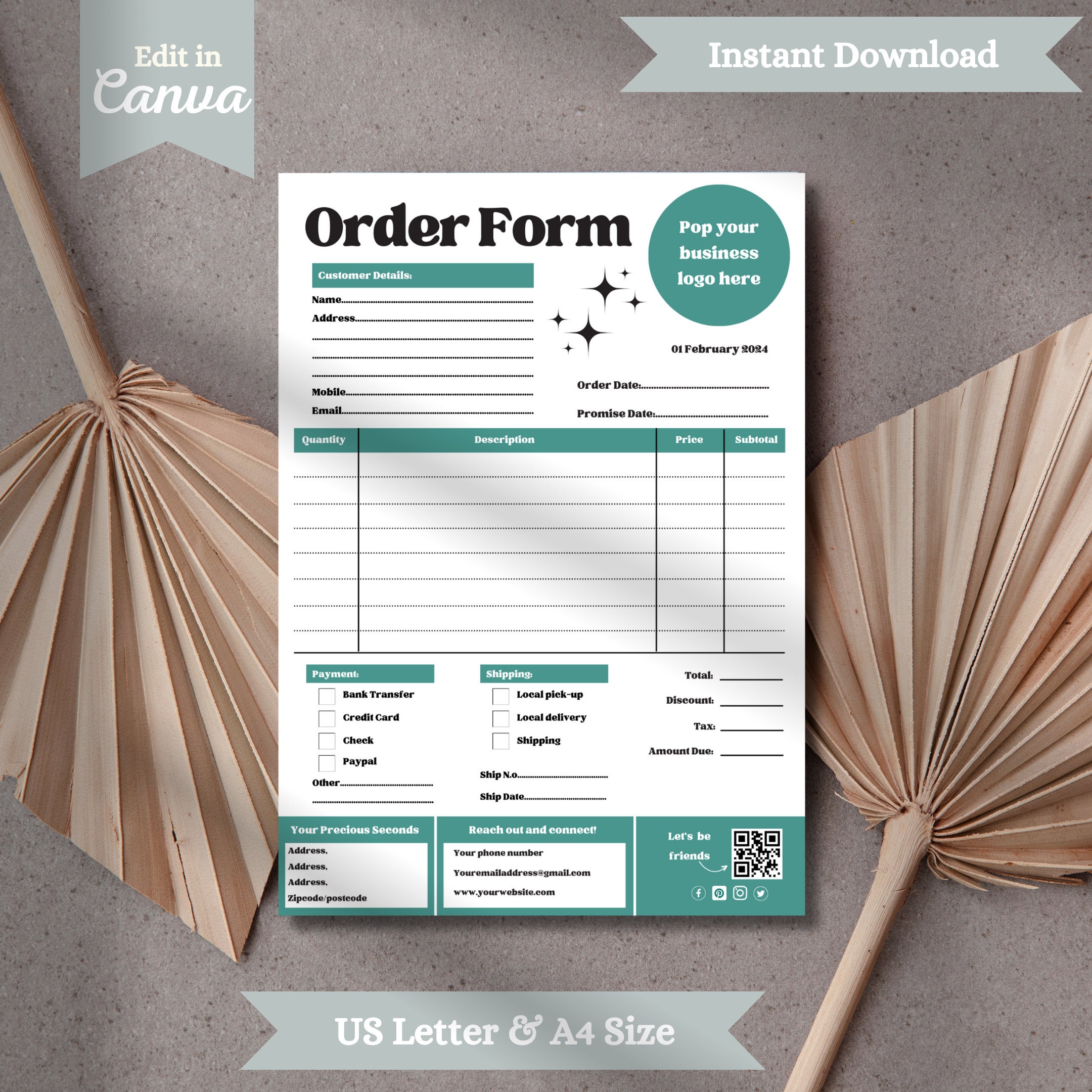 Order Form Template Editable, Purchase Order Form Template, Custom ...