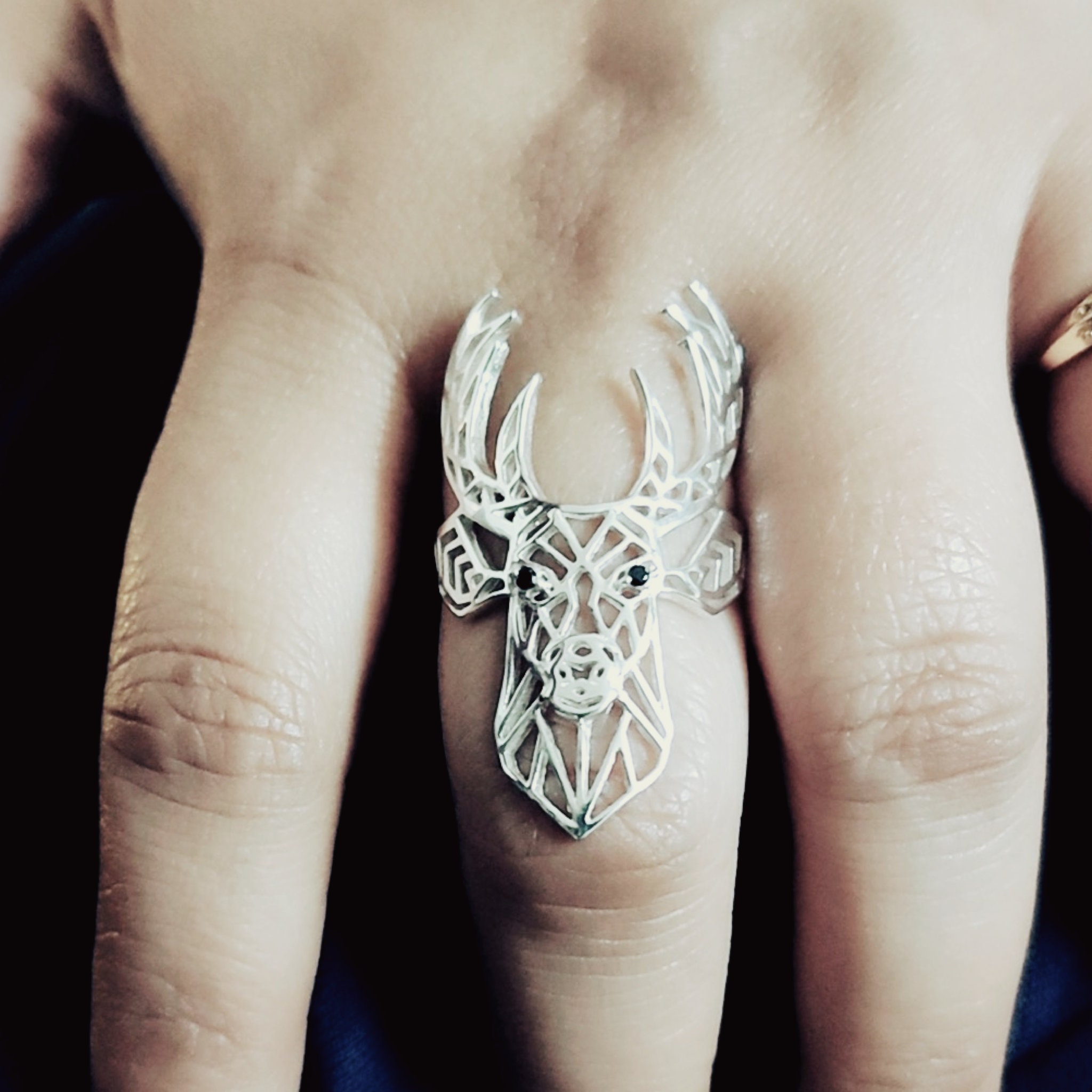Buy Sterling Silver Deer Ring Shield Ring Black Spinel Ring Deer Skull Ring Silver Moon Phase ...