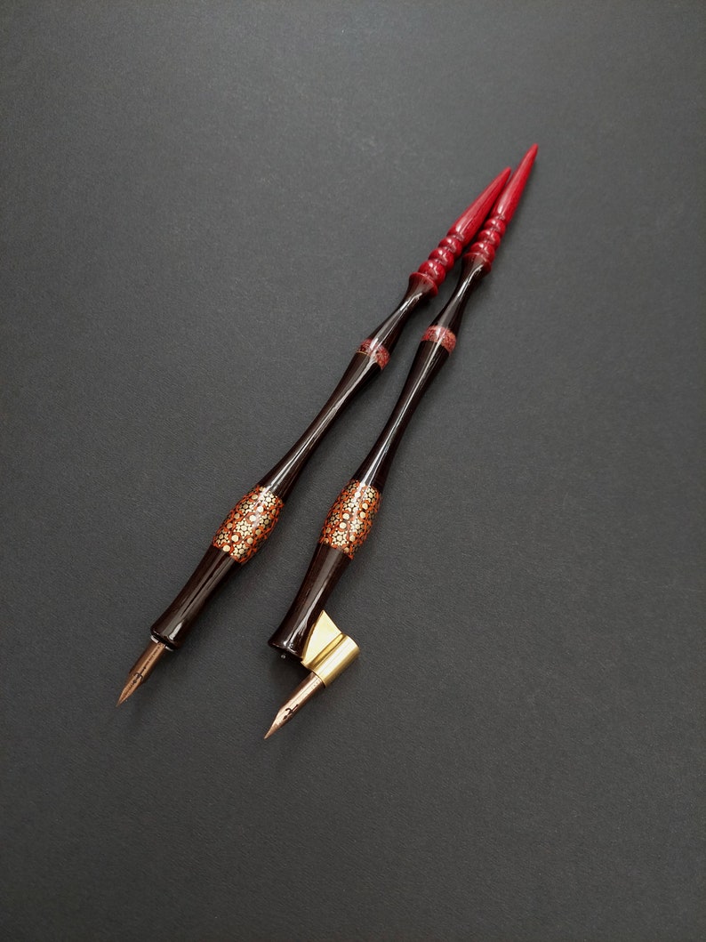 Walnut Pen Holder With Coral and Khatam Marquetry Copperplate ...