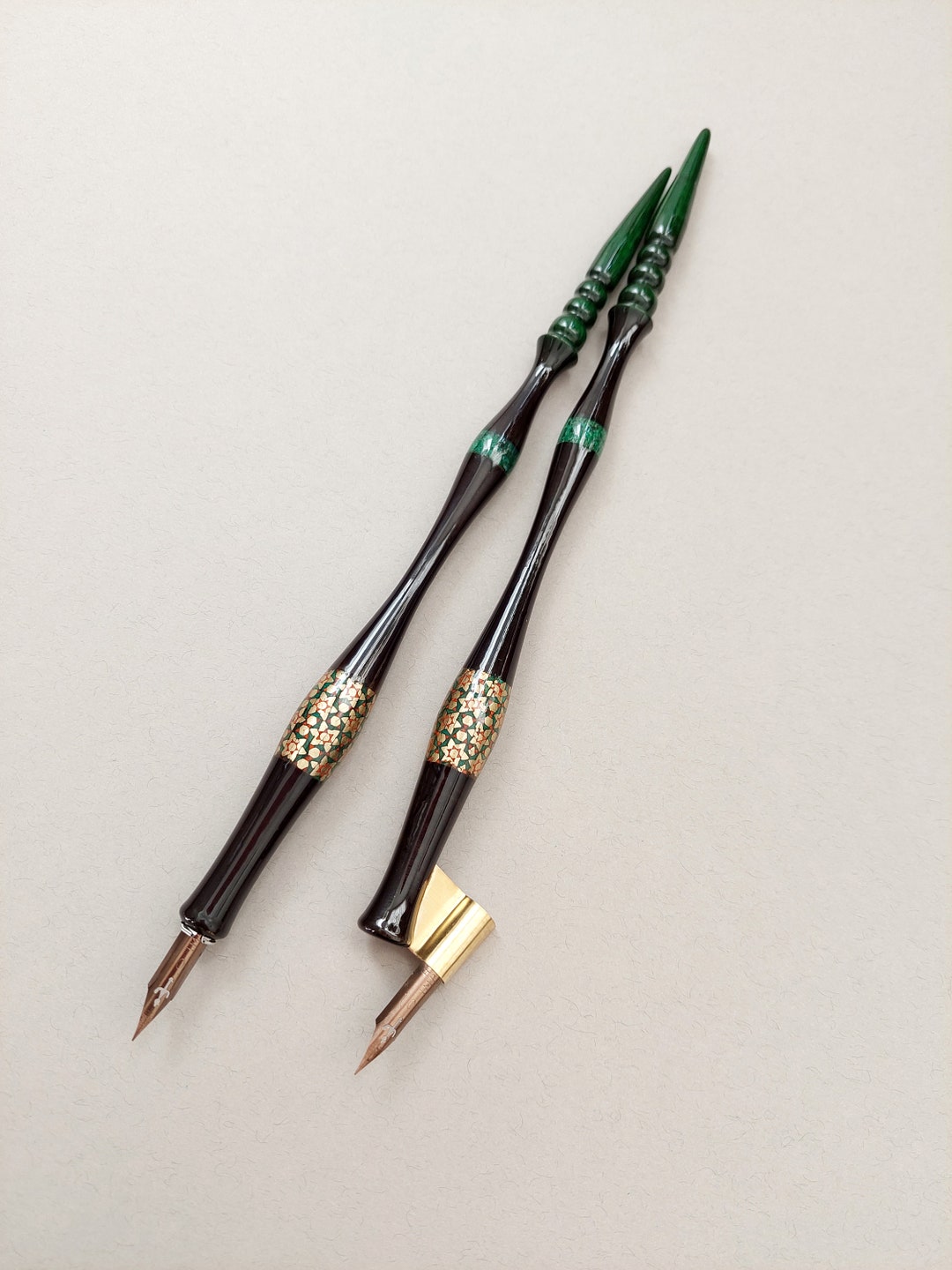 Walnut Pen Holder With Malachite and Khatam Marquetry Calligraphy Dip ...