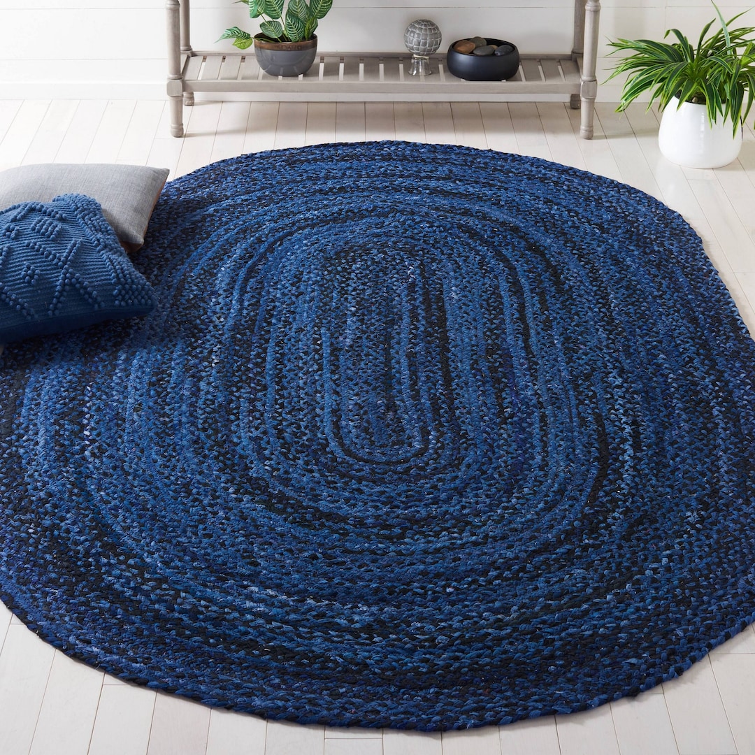 Blue Oval Rug Handmade Oval Cotton Rug Yoga Mediation Rugs Braided Rugs ...