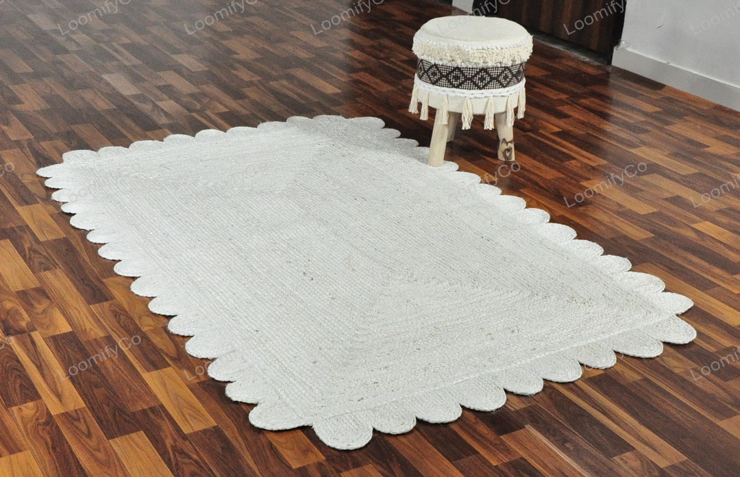 Natural White Boho Scalloped Jute Rug, off White Jute Area Rug, Ivory ...