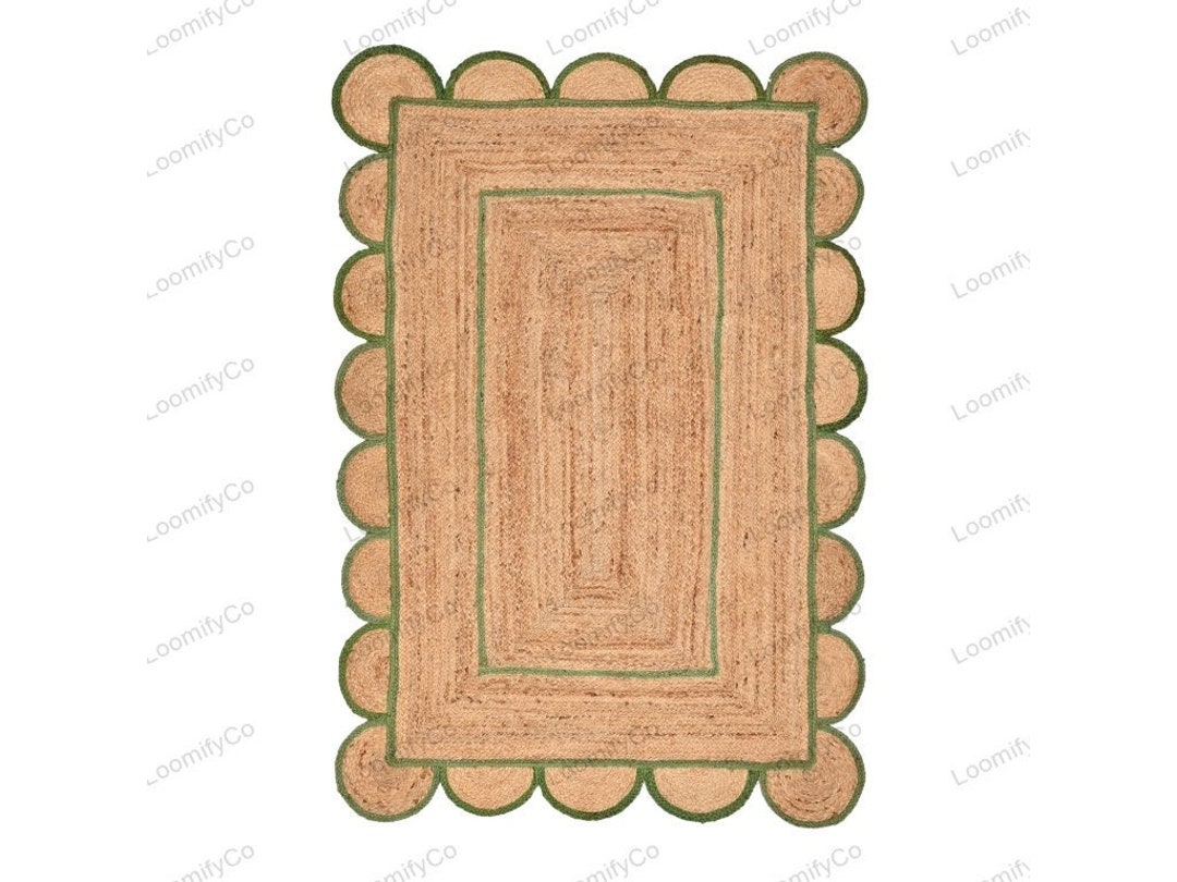 Green Scallop Jute Rug - Boho Scalloped Jute Rug, Bohemian Scallop Rug ...