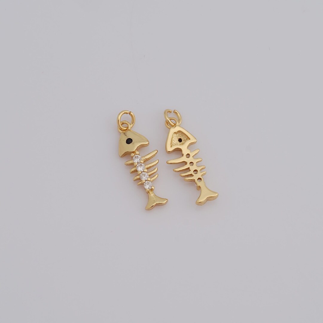 Gold Fish Bone Charms, 18K Gold Filled Fish Pendant, Micro Pavé CZ Bone ...