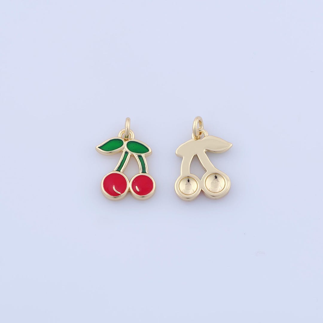 Gold Cherry Charms, 18K Gold Filled Fruit Pendant, Enamel Cherry ...