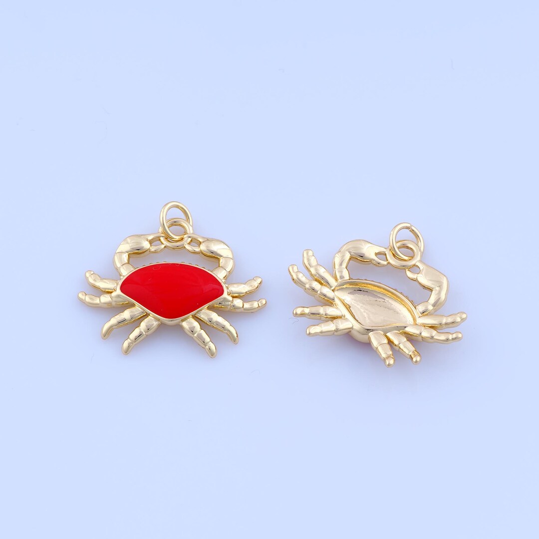 Gold Crab Charms, 18K Gold Filled Marine Life Pendant, Gold Enamel Crab ...