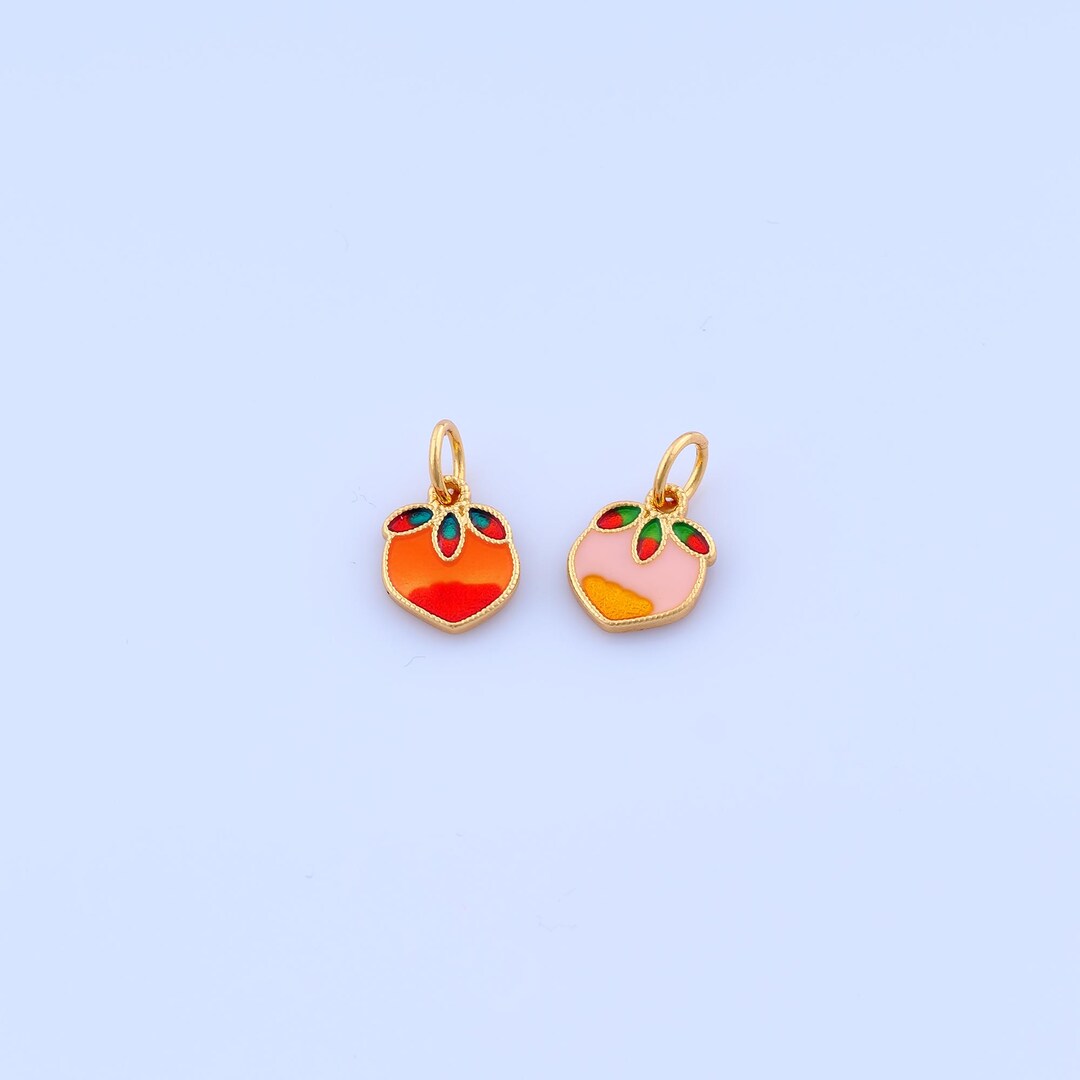 Gold Peach Charms, 18K Gold Filled Fruit Pendant, Enamel Peach Pendant ...