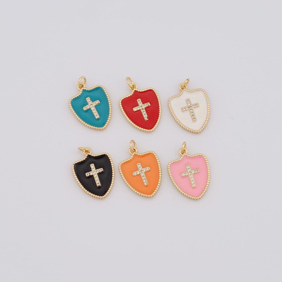 Gold Shield Charms, 18K Gold Filled Cross Pendant, Enamel Religious ...