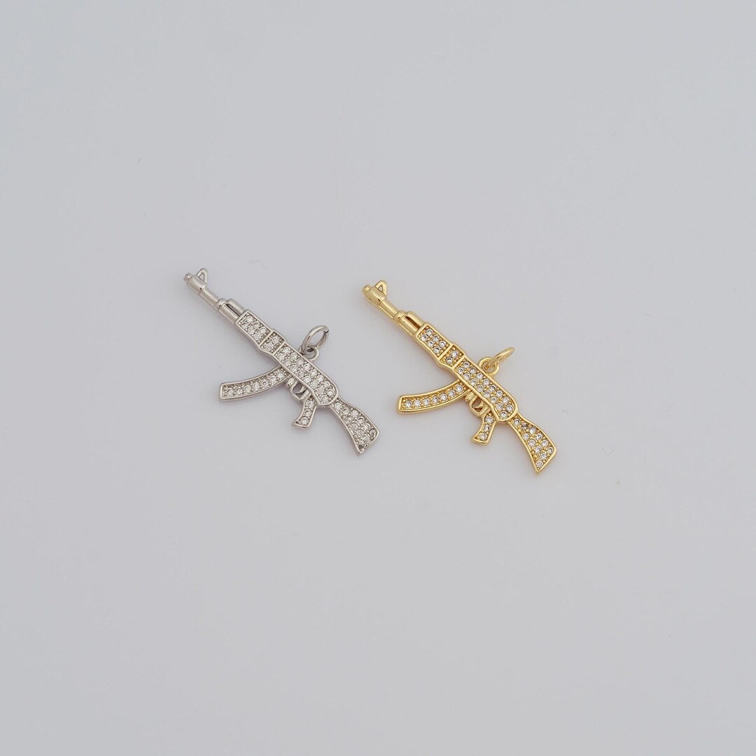Gold Gun Charms, 18K Gold Filled Machine Gun Pendant, Micro Pavé CZ ...