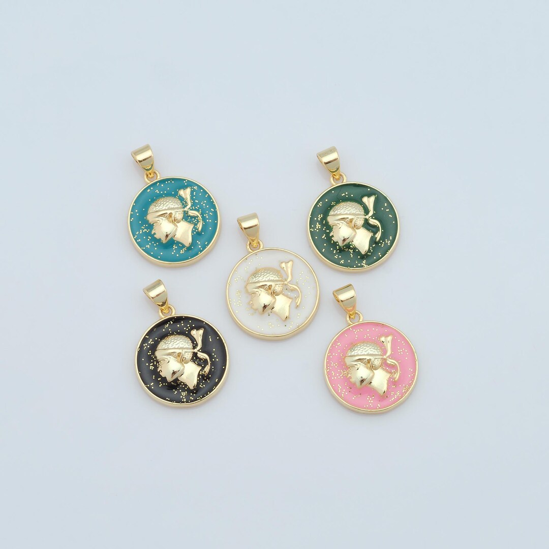 Gold Round Charms, 18K Gold Filled Character Pendant, Enamel Head ...