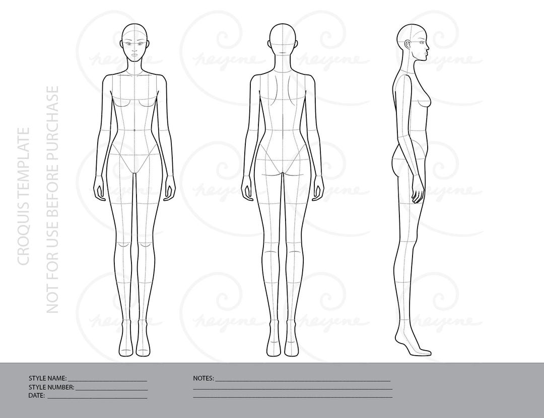 9‑head Female Fashion Croquis Template • Front + Back + Side • Instant ...