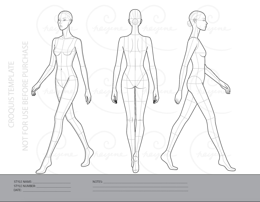 9‑head Female Fashion Walking Croquis Template With Optional Seam ...
