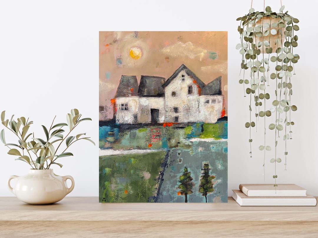 Colorful Abstract House Painting: Rustic Modern Folk Art Canvas - Etsy