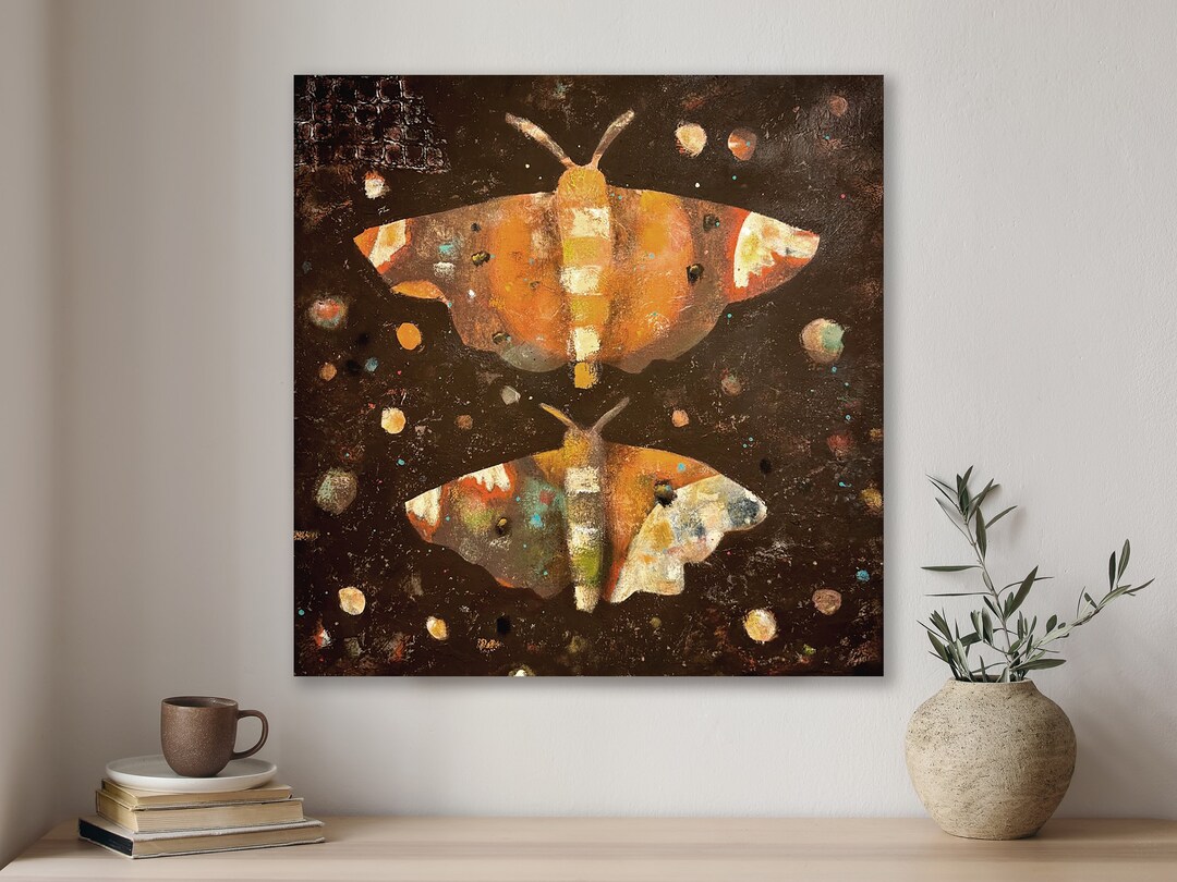 Moth Original Painting Original Art on Canvas Two Moths Whimsical Moth ...