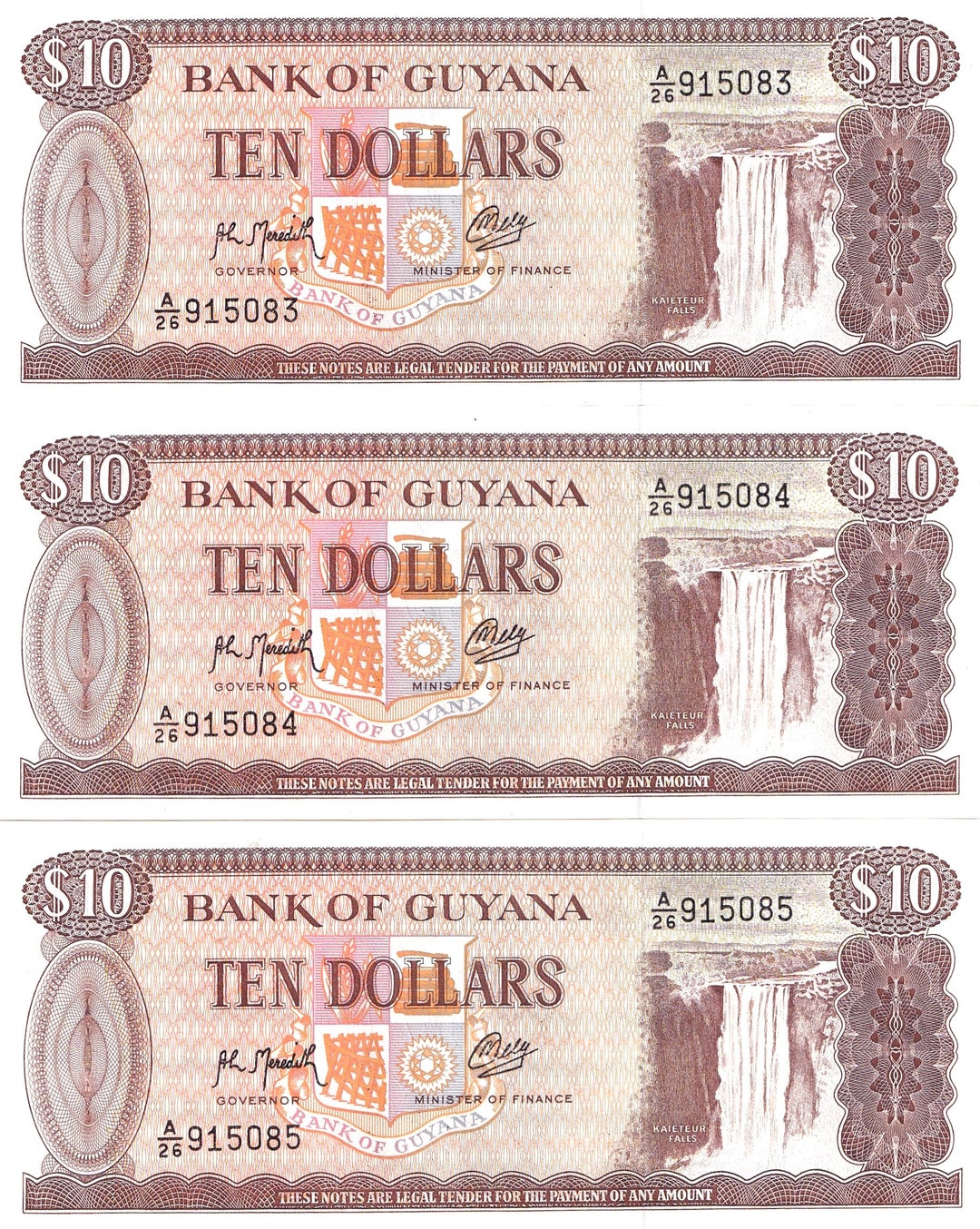Guyana Various Banknotes Ten, Twenty Dollars, Bank of Guyana, UNC ...