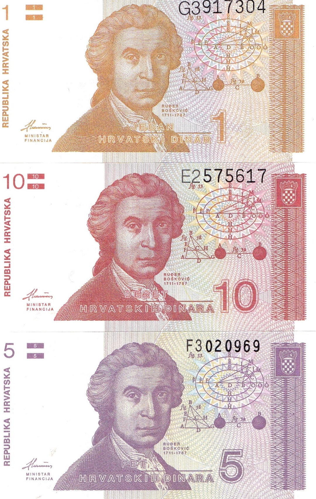 Various Croatian Banknotes, Republika Hrvatska Croatia, 1, 5, 10, 100 ...