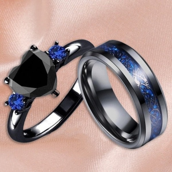 Blue Sandstone Couples Wedding Rings Matching Couple Promise Rings Set ...