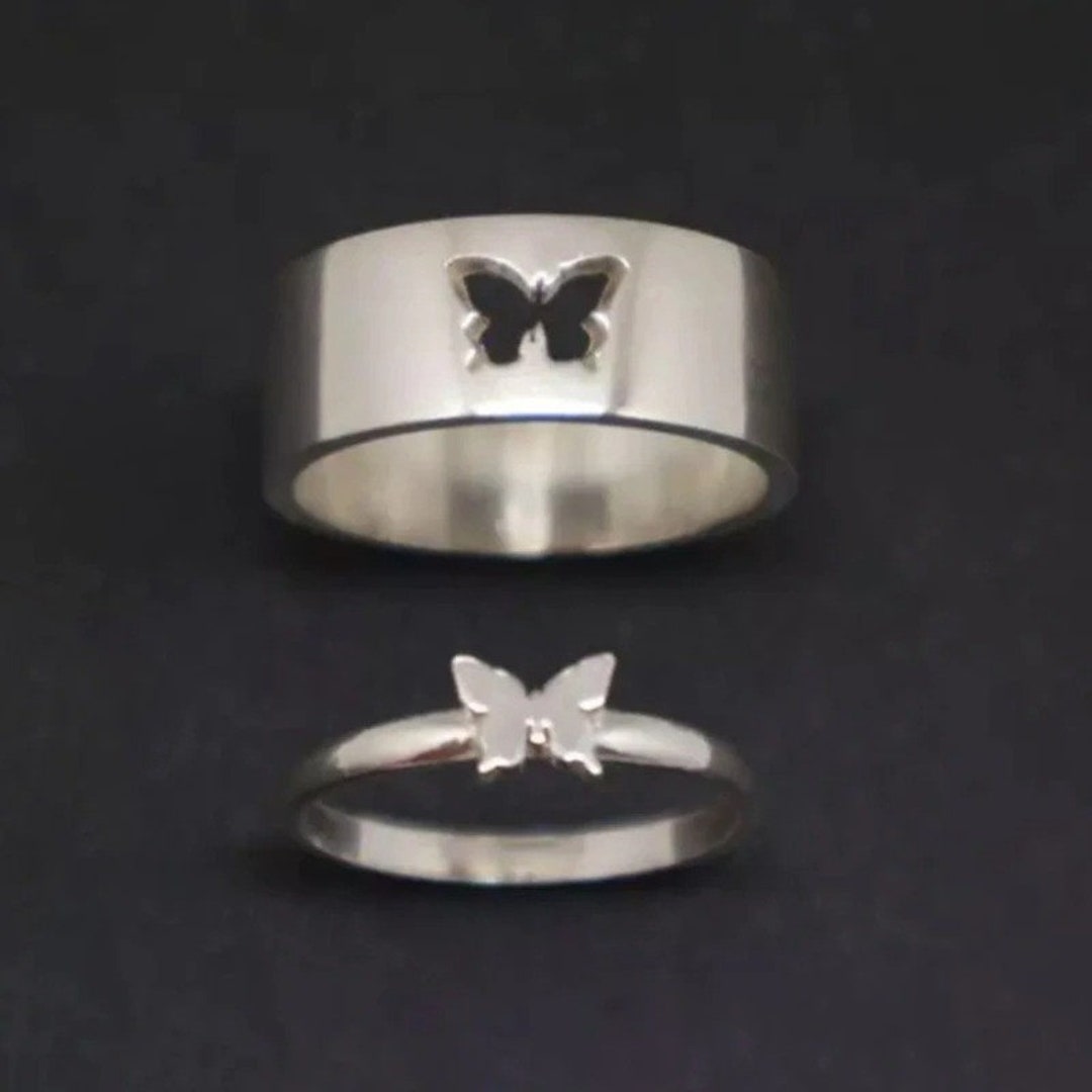 Silver Butterfly Couple Ring Set Butterfly Jewelry, His and Her Promise ...