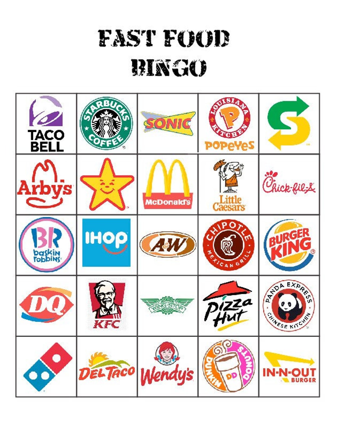 Printable Fast Food Bingo - Etsy