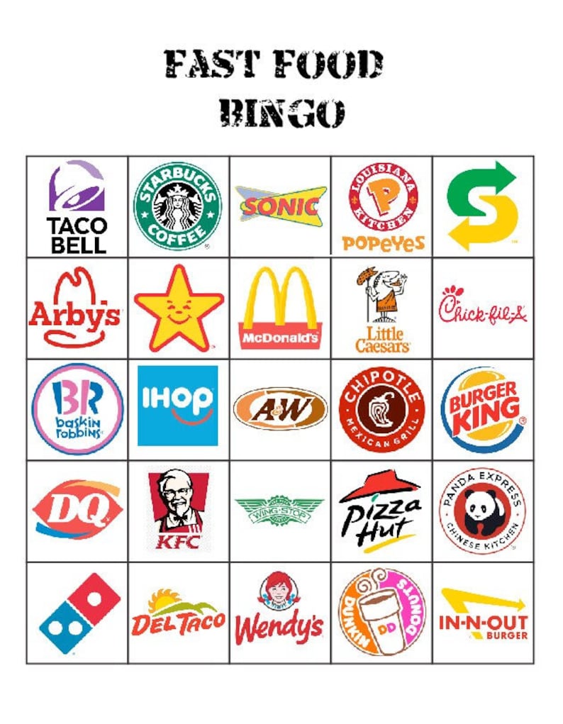 Printable Fast Food Bingo - Etsy