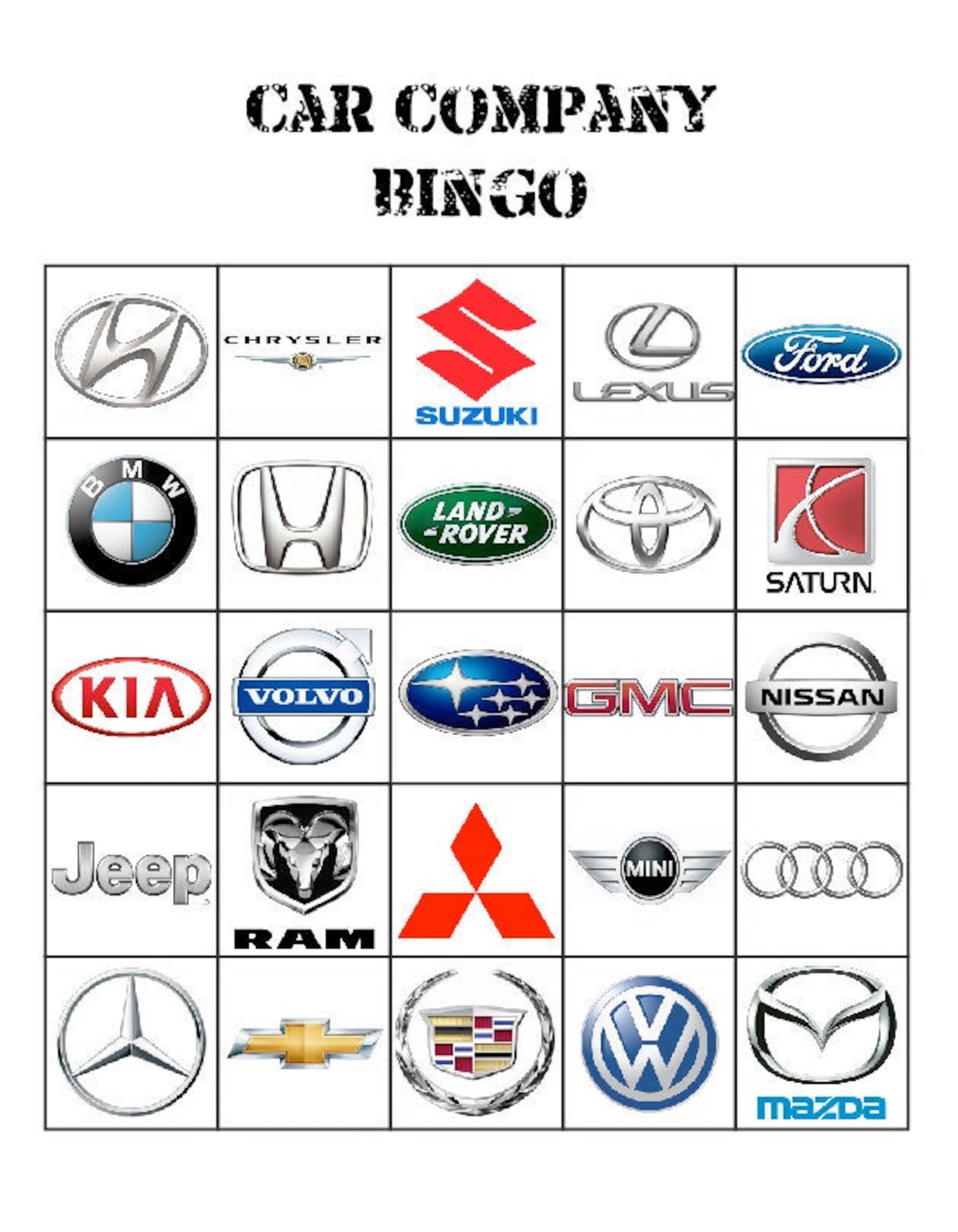 Printable Car Company Bingo - Etsy