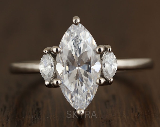 2.33 TC Marquise & Half Moon Cut Trilogy 14k Solid Yellow Gold Ring ...