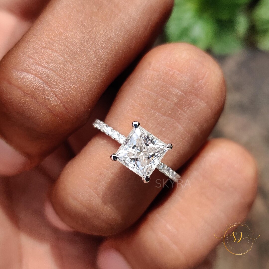 3 CT Princess Cut Moissanite Engagement Ring, 14K Solid Gold Hidden ...