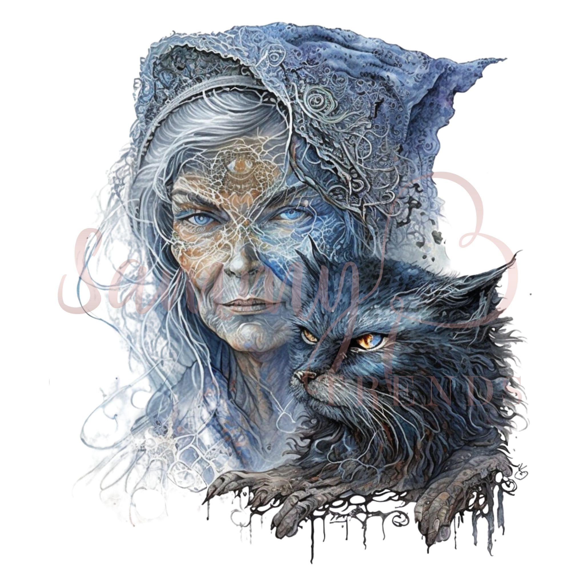 Old Witches Blue and Grey Watercolor Clipart, Png, Magic, Clip Art ...