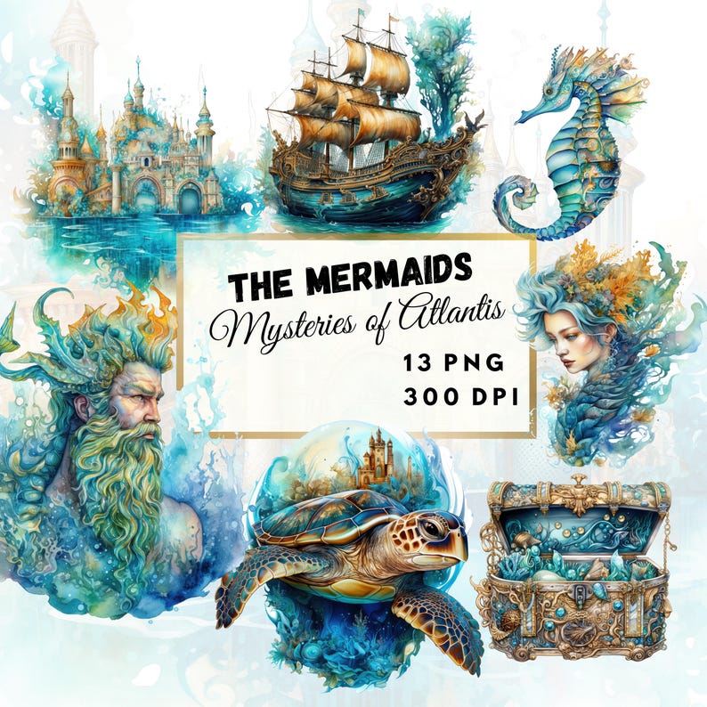 The Mermaids Myteries of Atlantis Clipart, Mermaid Clipart, Digital ...