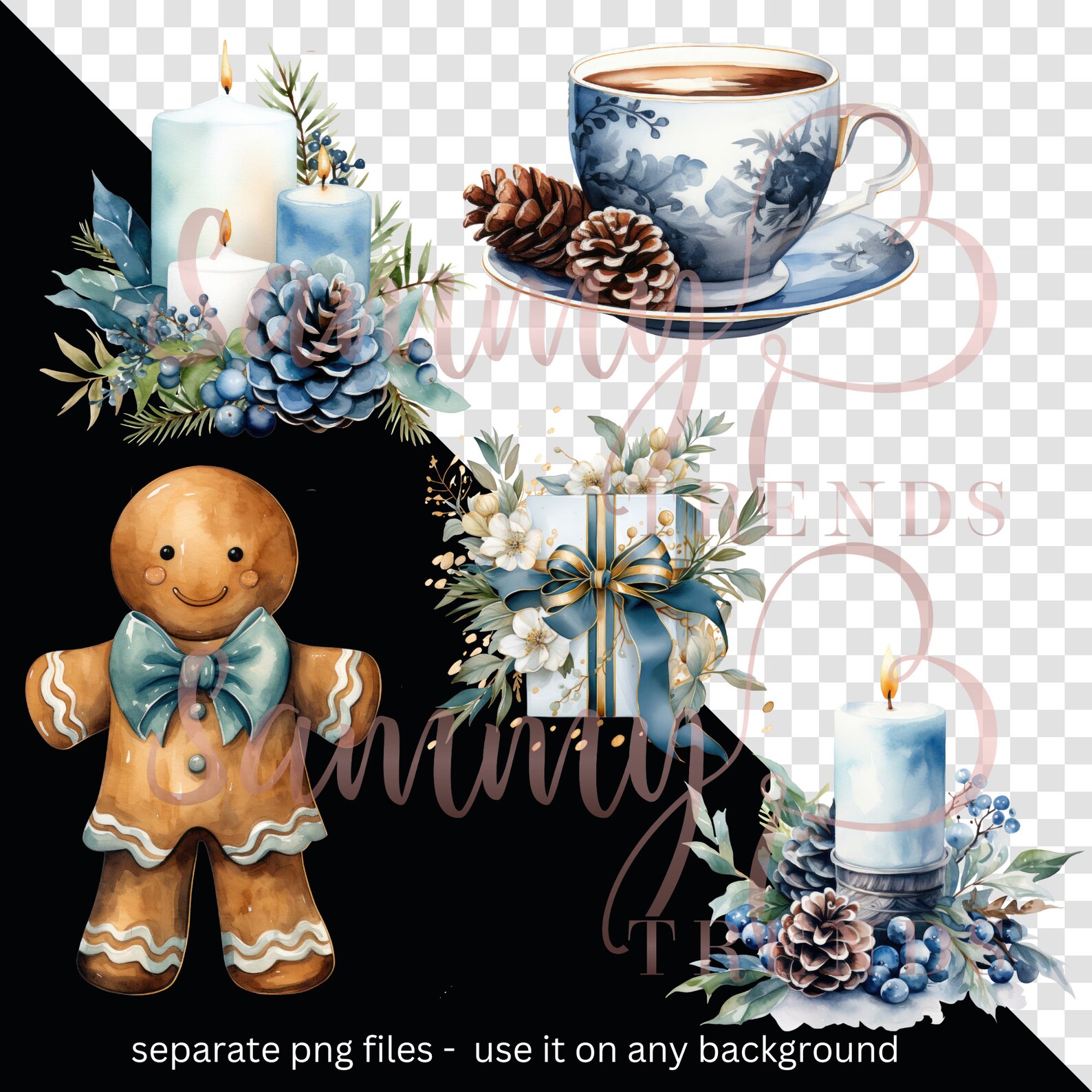 Blue Christmas Watercolor Clipart, Christmas Transparent Png, Cozy ...