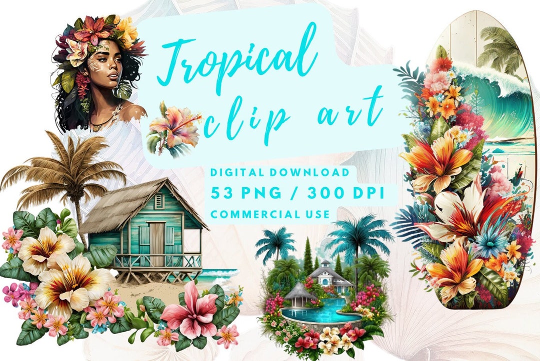 Tropical Clip Art Transparent Png Watercolor Beach - Etsy