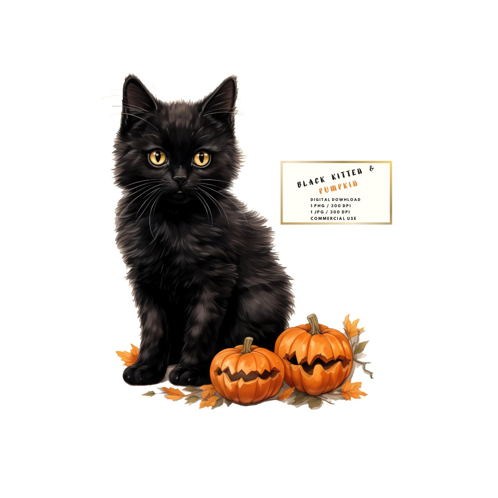 Black Kitten and Pumpkin Watercolor Clipart, Halloween Clipart, Pumpkin ...