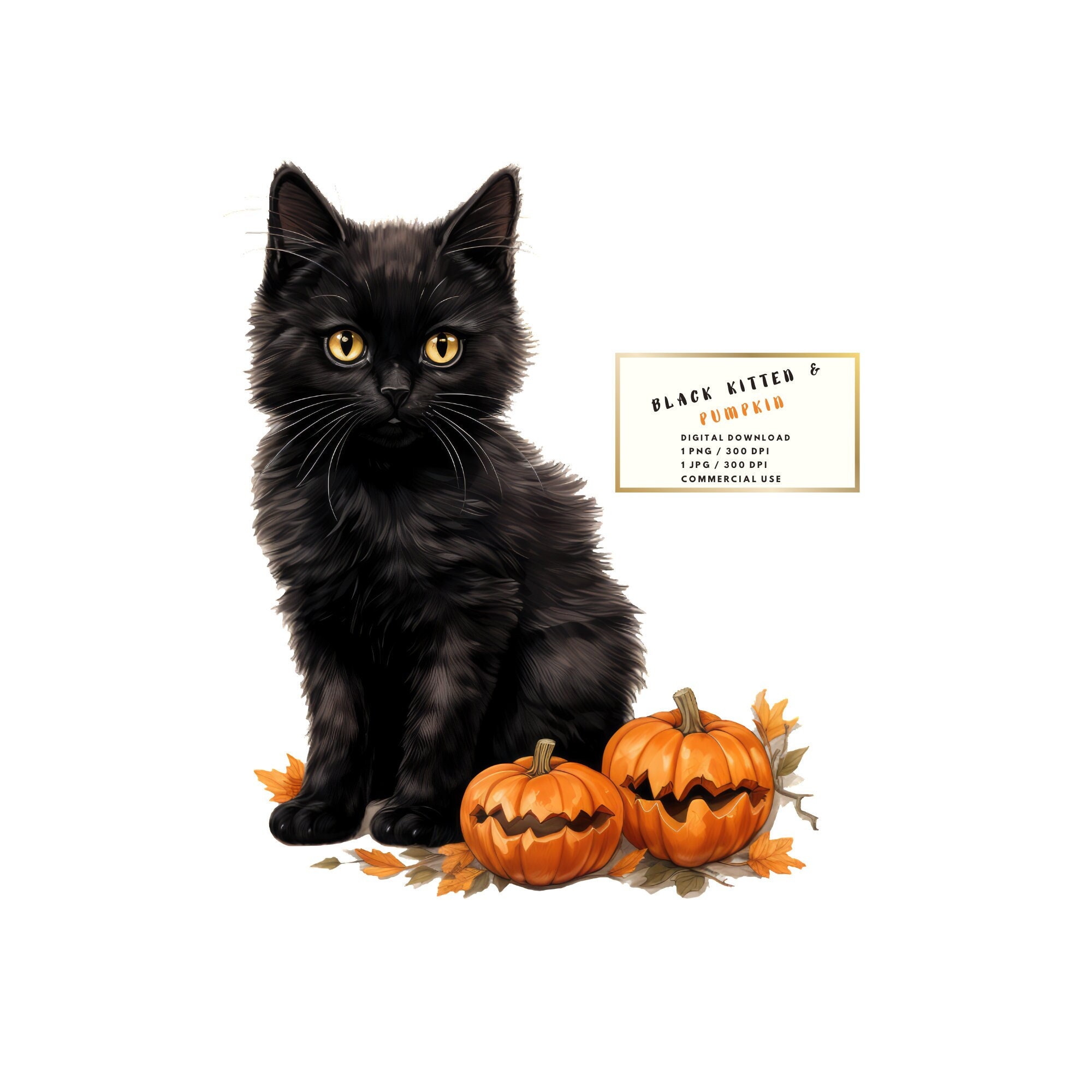 Black Kitten and Pumpkin Watercolor Clipart, Halloween Clipart, Pumpkin ...
