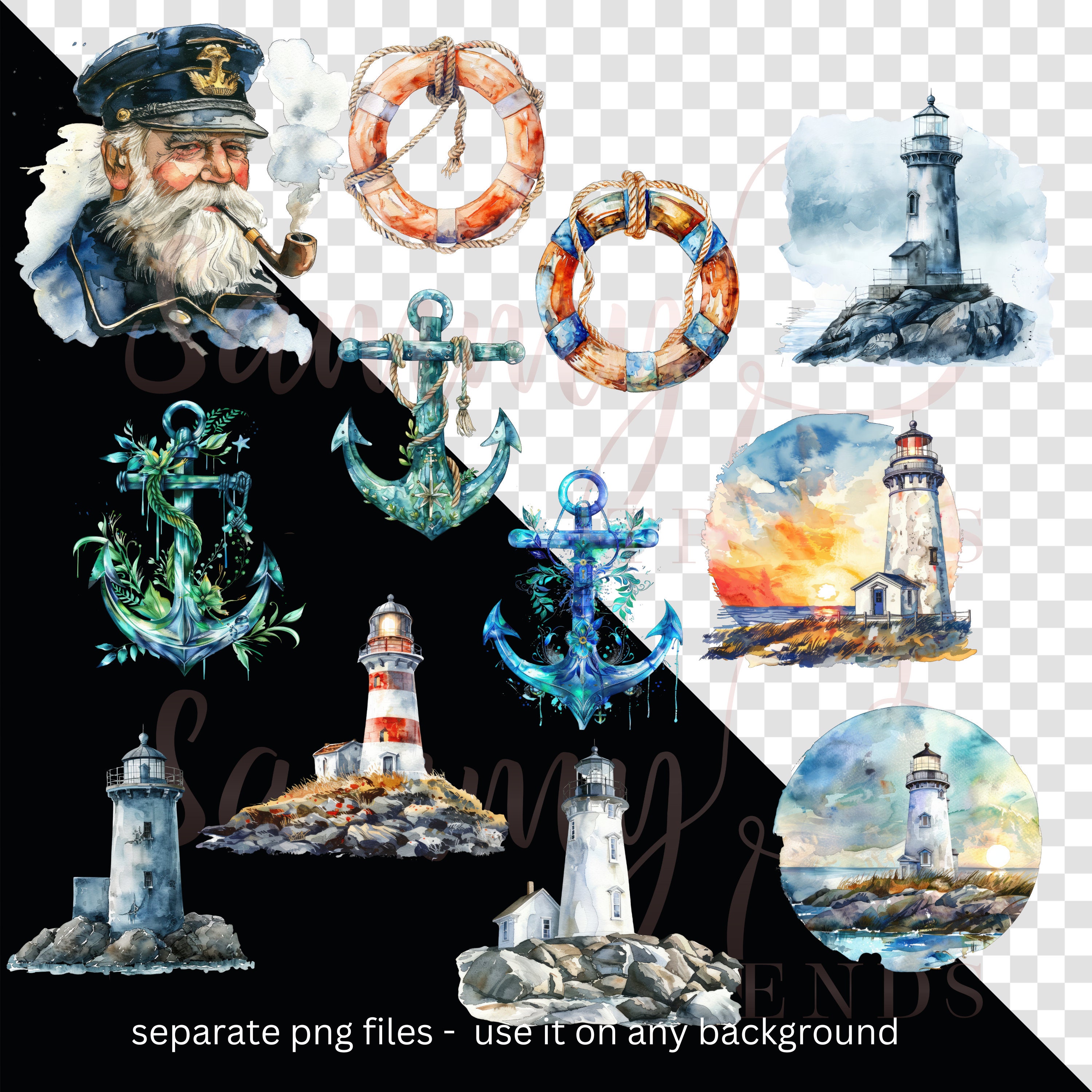 Nautical Clip Art Set, Transparent Png, Digital Download, Lighthouse ...