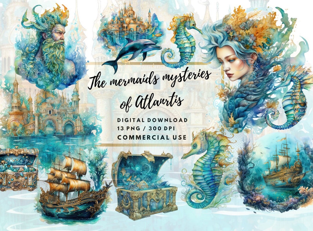 The Mermaids Myteries of Atlantis Clipart, Mermaid Clipart, Digital ...