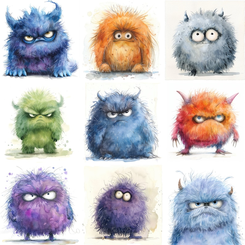 Grumpy Monsters Image Set, High-resolution, JPG, Digital Downloads ...