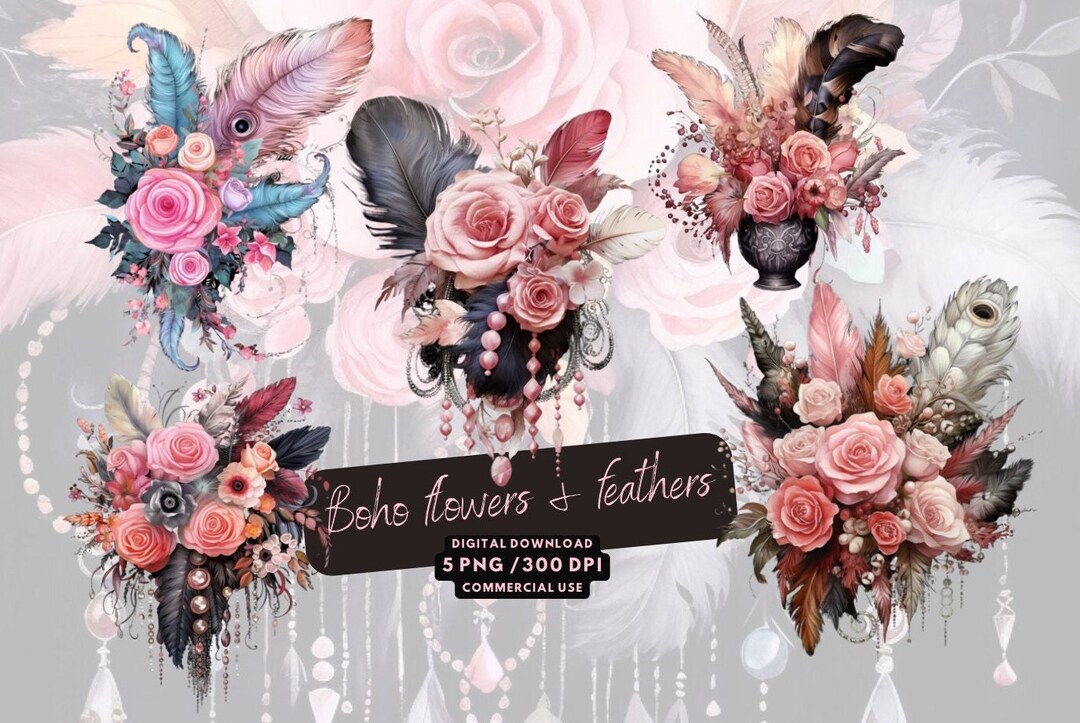 Boho Flowers and Feathers Clipart, Roses, Roses Clipart, Bohemian ...