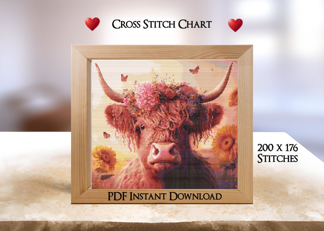 Highland Cow Counted Cross Stitch Chart: Instant PDF Download. Coloured ...