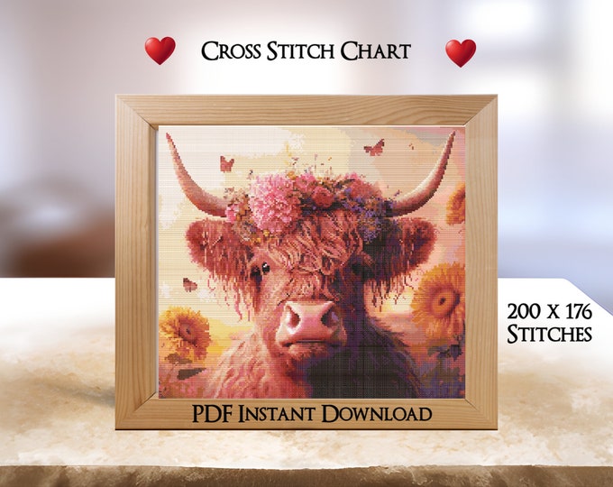 Highland Cow Counted Cross Stitch Chart: Instant PDF Download. Coloured ...
