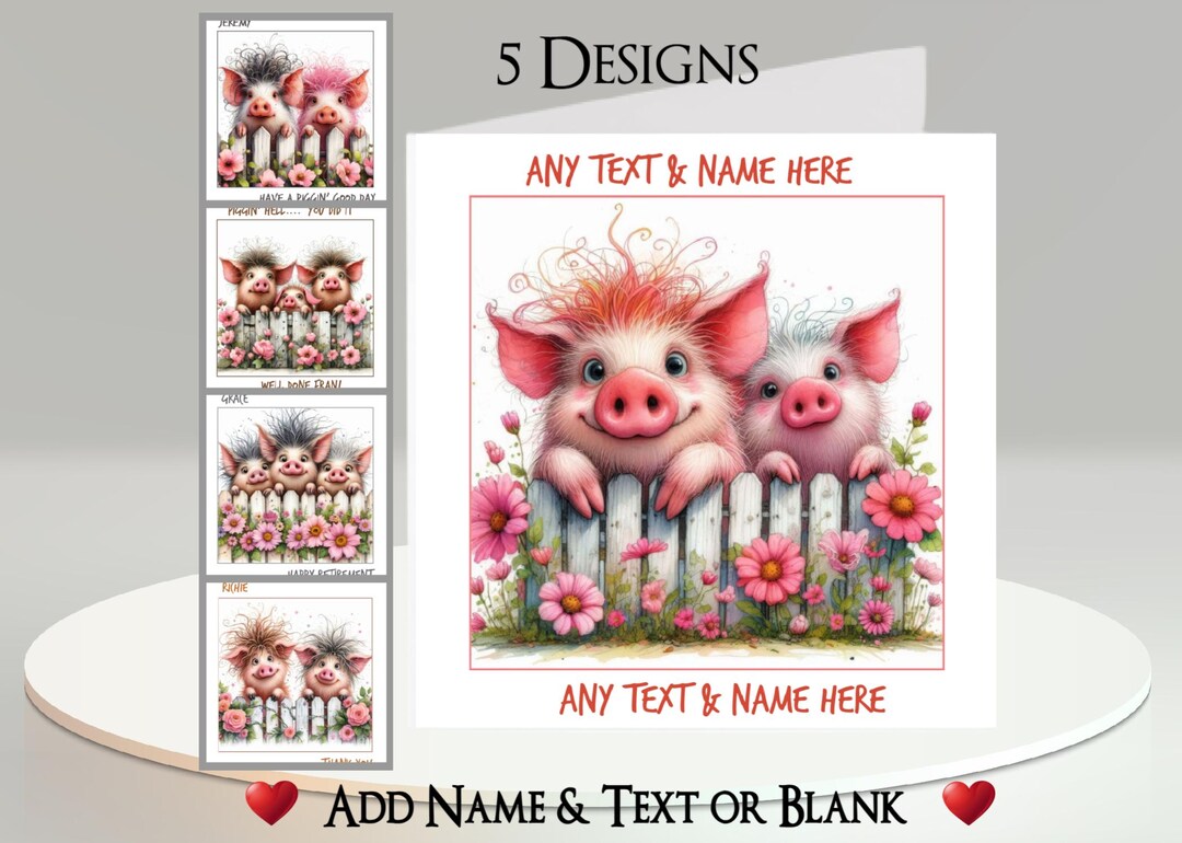 Cartão de Porco: Adicione seu texto + nome, mensagem interna, 5 designs ...