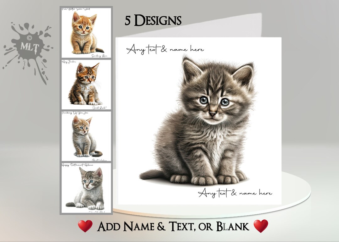 Kitten Card: Add Your Text + Name, Inside Message, or Blank. 5 Designs ...