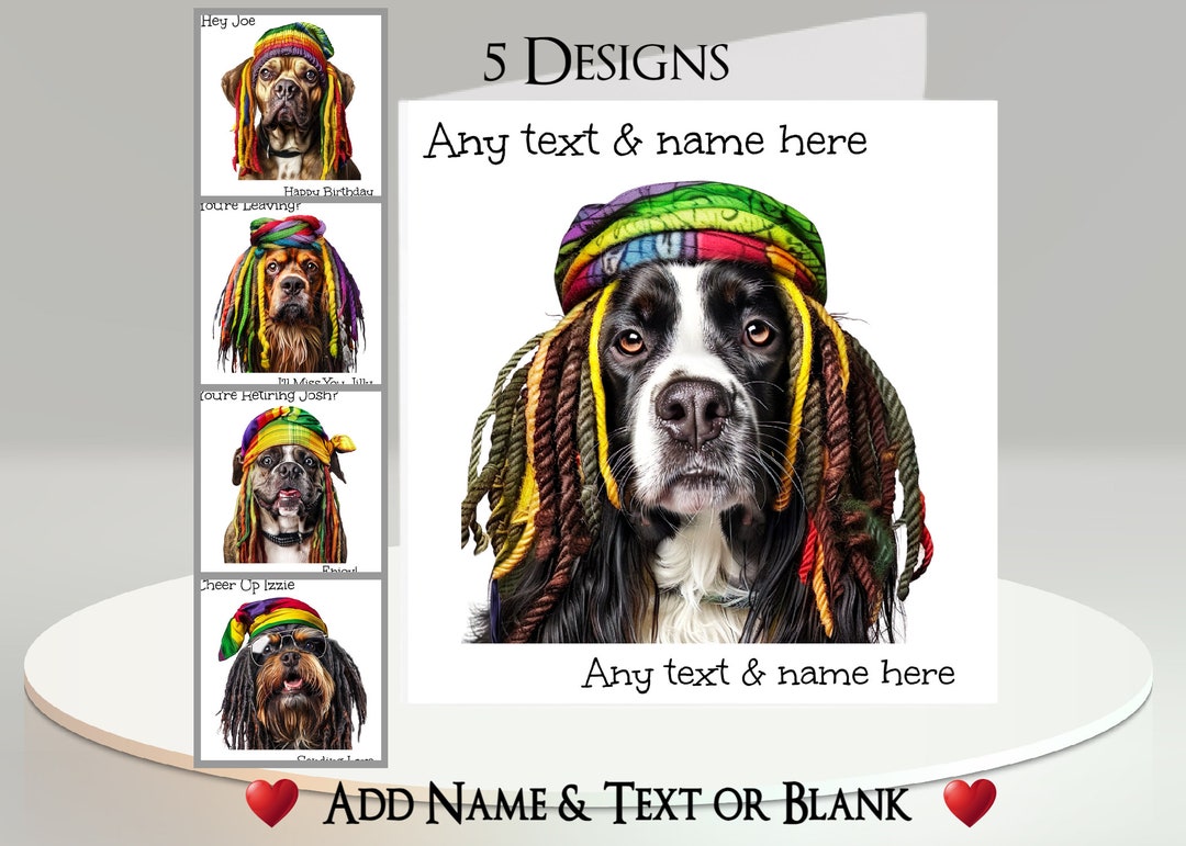 Rasta Dog Card: Add Your Text + Name, Inside Message, or Blank. 5 ...