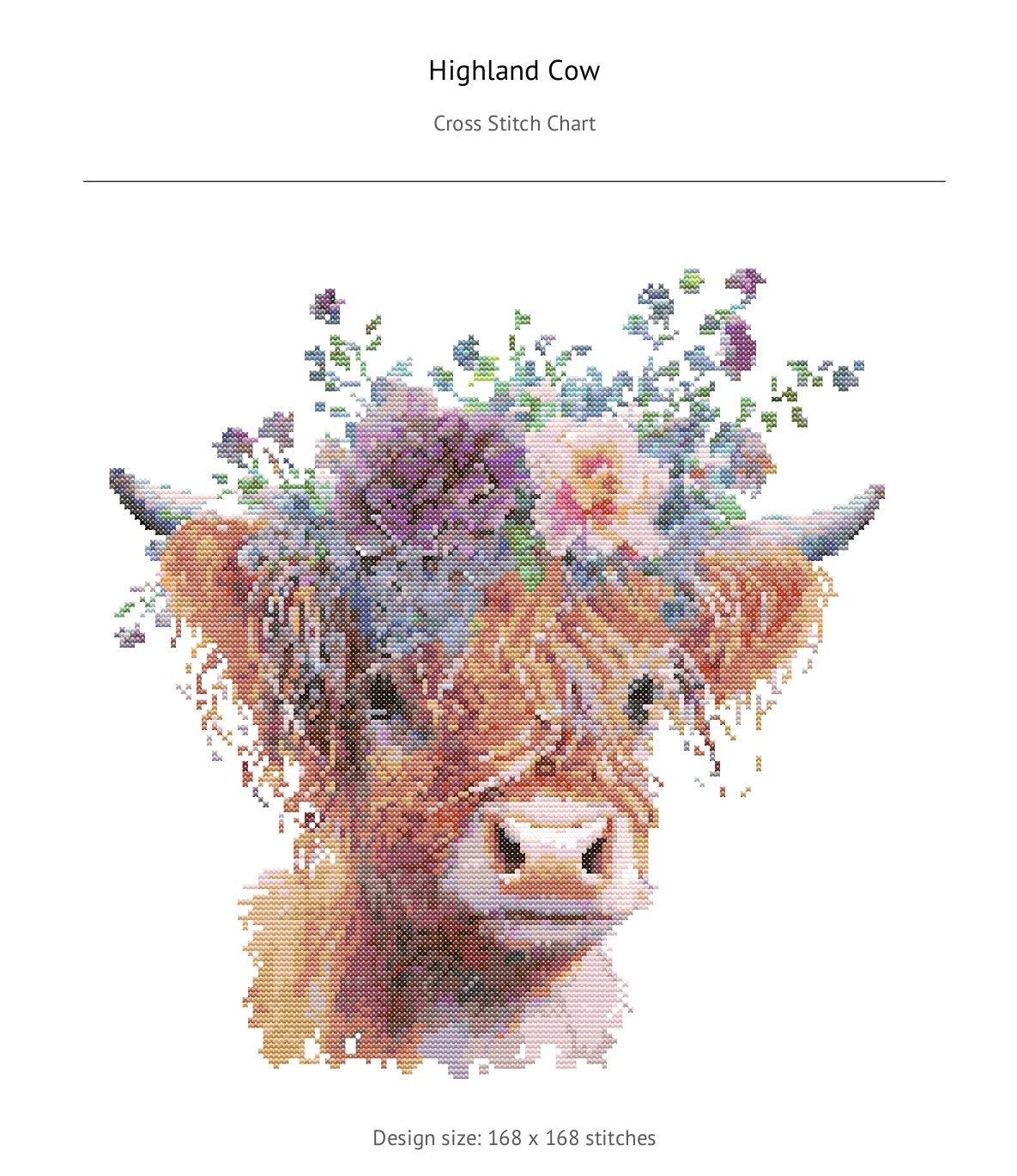Highland Cow Counted Cross Stitch Chart: Instant PDF Download. Coloured ...