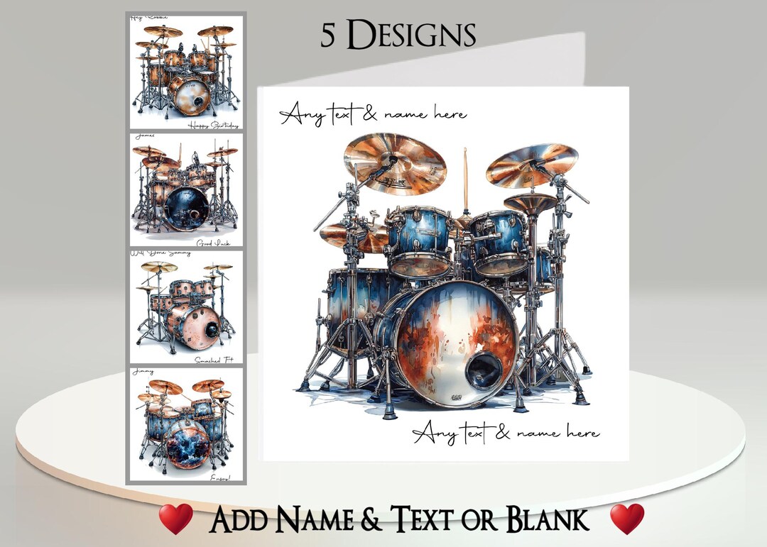 Drum Kit Card: Add Your Text + Name, Inside Message, or Blank. 5 ...